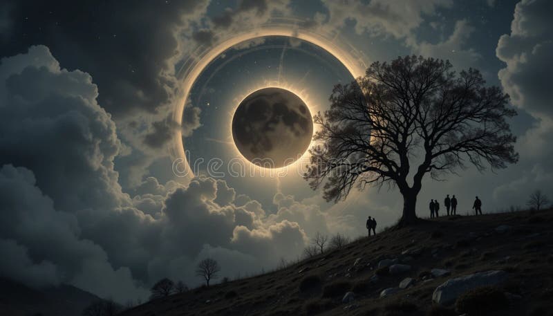 A Dramatic Celestial Scene Depicts an Eclipse with a Bright, Glowing Ring Stock Illustration ...