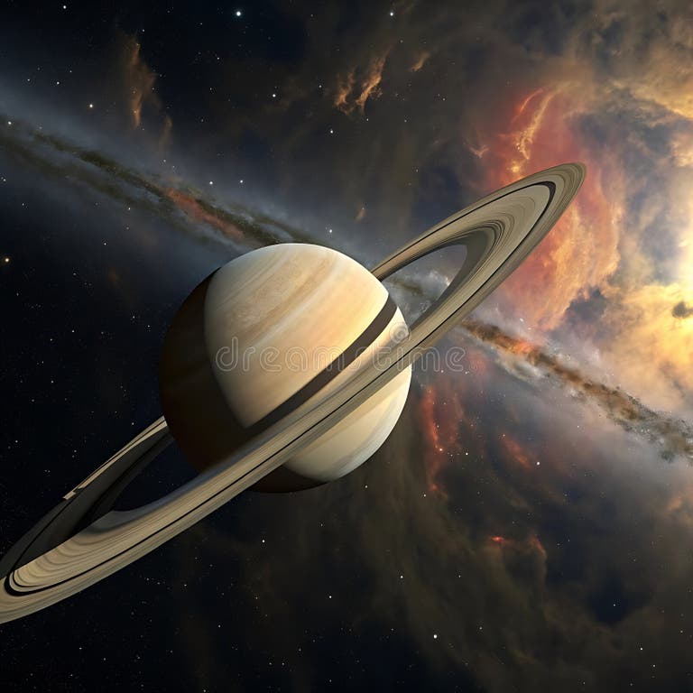 Dramatic Celestial View: Ringed Planet Amidst Nebulae and Distant Stars ...
