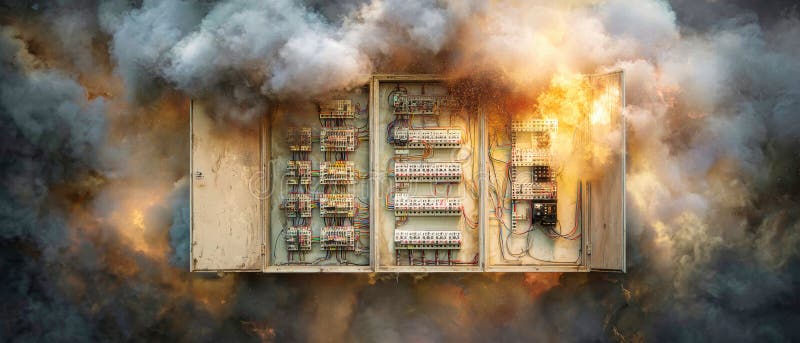 Dramatic Chaos of a Burning Electrical Panel Surrounded by Thick Smoke ...
