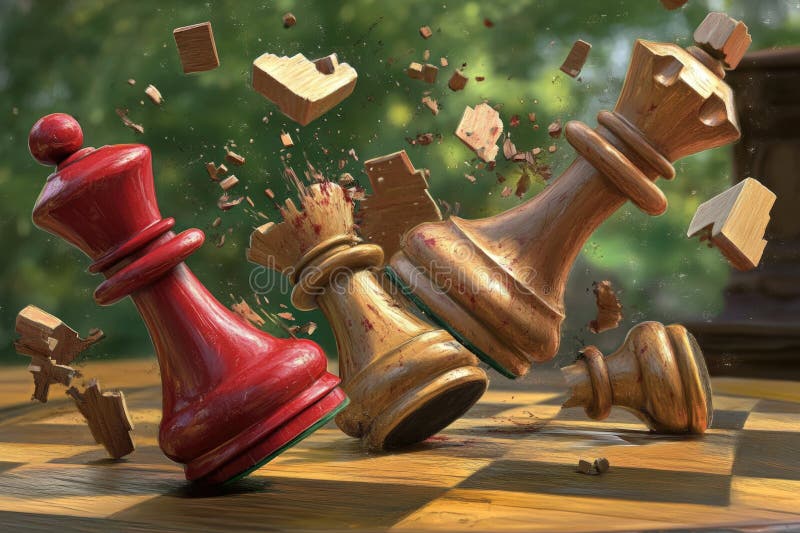 Dramatic Chess Battle with Exploding Pieces in Outdoor Setting Stock ...