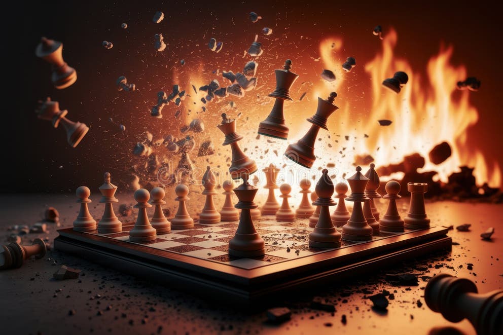 Dramatic Chess Explosion with Flying Pieces in Fiery Background Stock ...