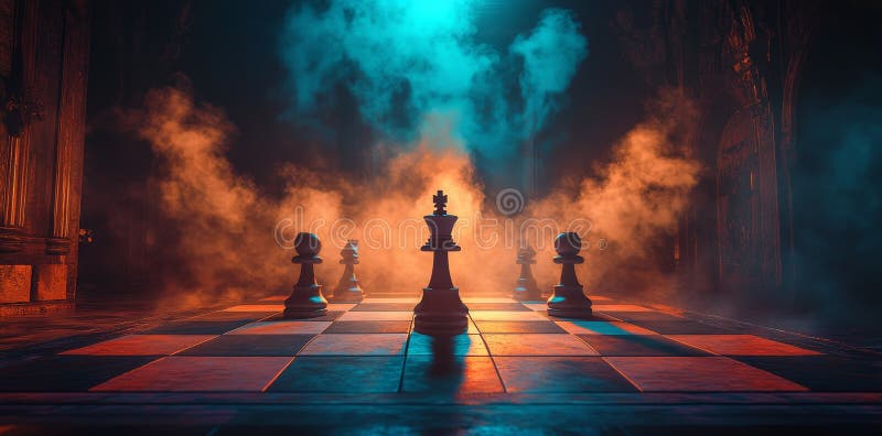A Dramatic Chess Game Scene is Set Against a Dark Backdrop with Smoke ...