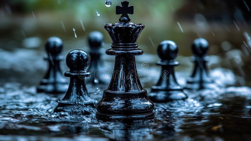 A Dramatic Chess Scene, Black Pieces Submerged in Water, Symbolizing ...