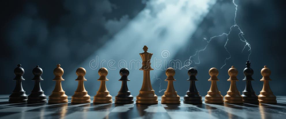Dramatic Chess Scene with Light Rays and Dark Clouds in Background ...