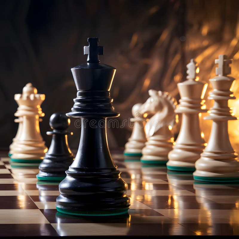 Dramatic Chessboard with Reflective Surface, Warm Lighting, Black Rook ...