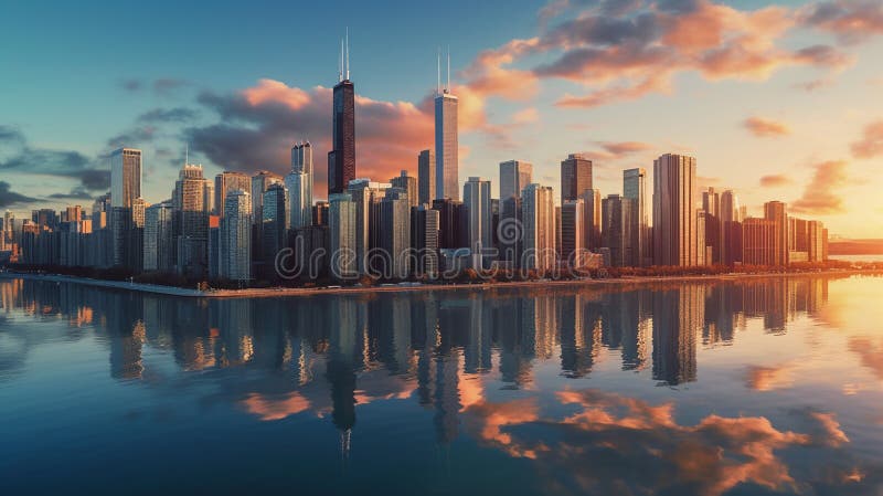 Dramatic Chicago City Silhouette Stock Illustration - Illustration of ...