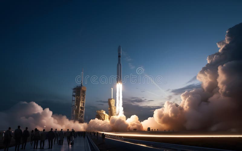 Spectacular Rocket Launch at Dawn with Crowd Watching - Futuristic ...