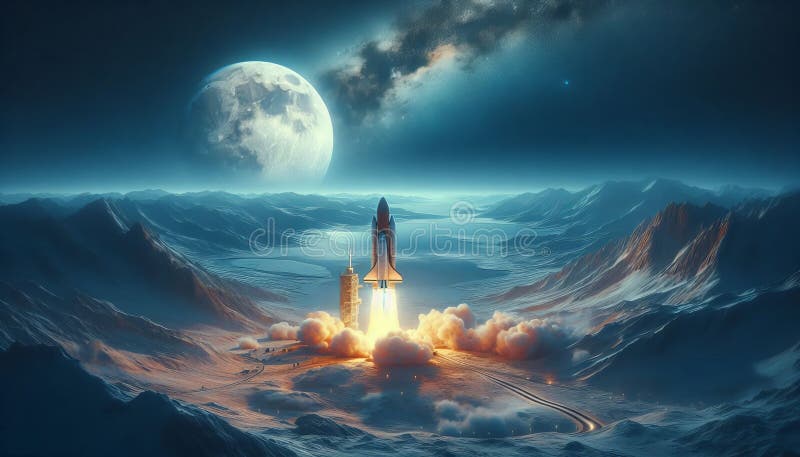 Dramatic Cinematic Photo of a Rocket Fly in Icy Planet with Huge Moon ...