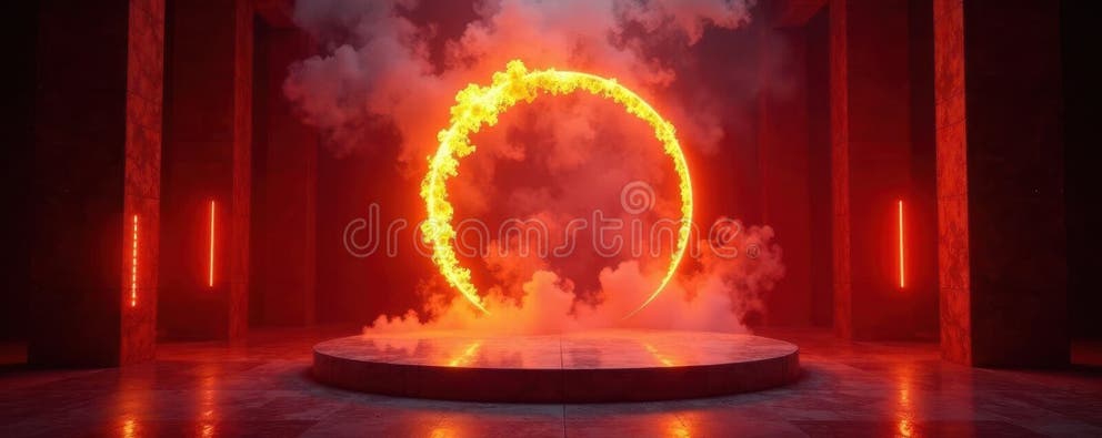 Dramatic Circular Stage, Intense Fire Spotlight , Setting, Burning ...