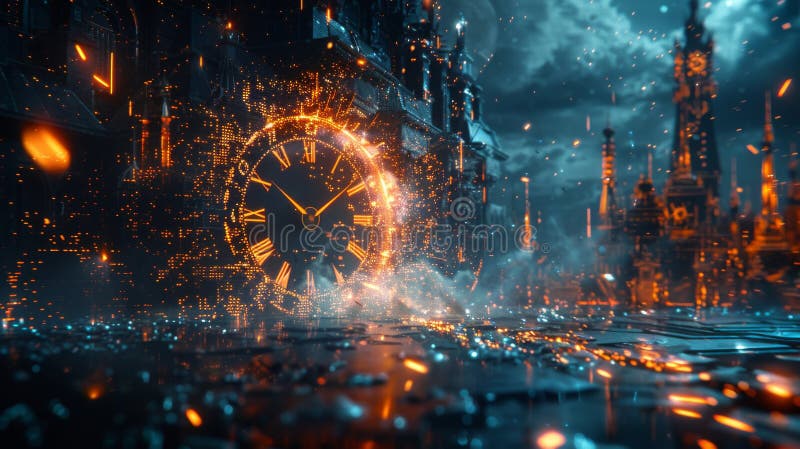 A Dramatic City Engulfed in a Digital Storm with Data Particles ...