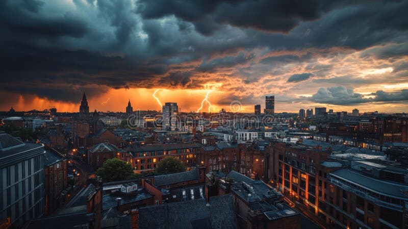 Dramatic City Skyline Stormy Clouds Striking Lightning Sunset Stock ...