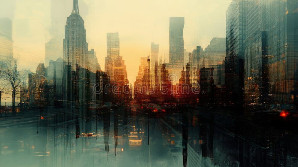 Dramatic City Skyline at Sunset with Blurry Lights and Reflections ...