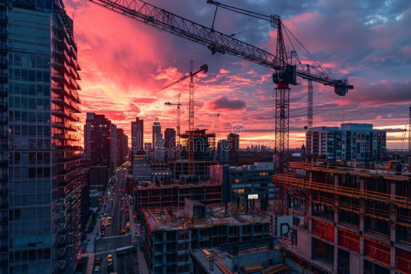 Stunning Cityscape at Sunset with Cranes and Buildings. Vibrant Colors ...