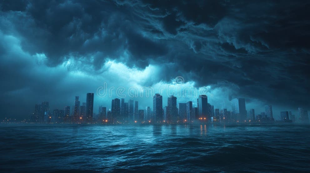 Dramatic City Skyline Under Dark Storm Clouds, Reflecting on Turbulent ...
