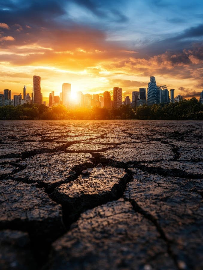 A Dramatic Cityscape with a Cracked Earth Foreground Symbolizing the ...