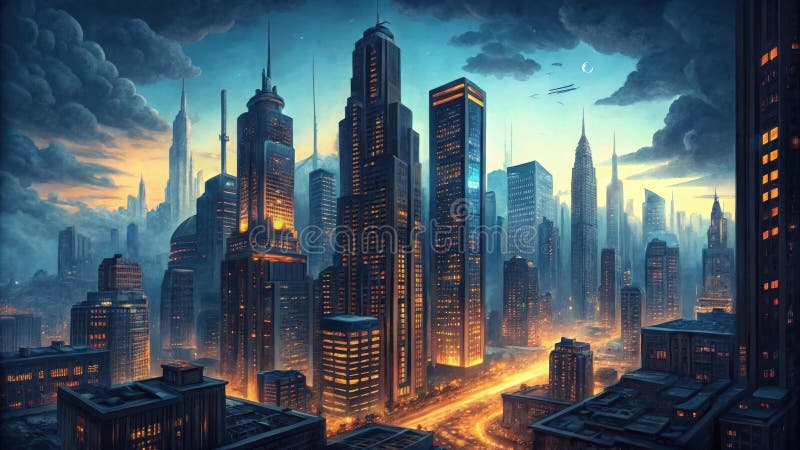 Dramatic Cityscape at Dusk with Illuminated Skyscrapers and Moody ...