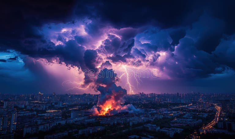 Dramatic Cityscape with Explosion and Lightning during Stormy Night Sky ...