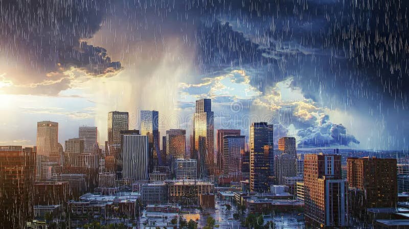 Dramatic Cityscape with Heavy Rain and Sunset Stock Image - Image of ...