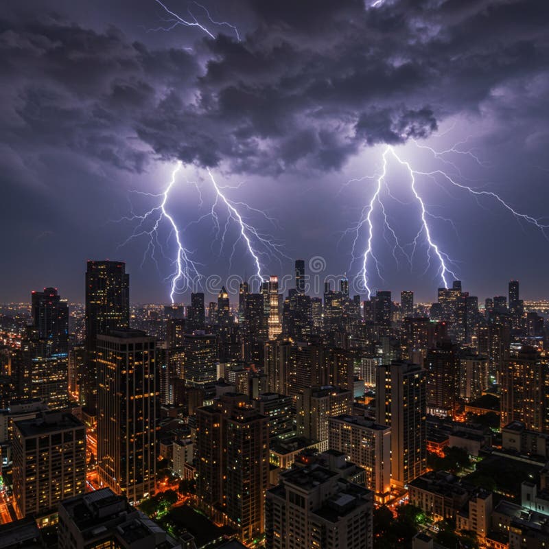 A Dramatic Cityscape at Night Features Multiple Lightning Strikes ...