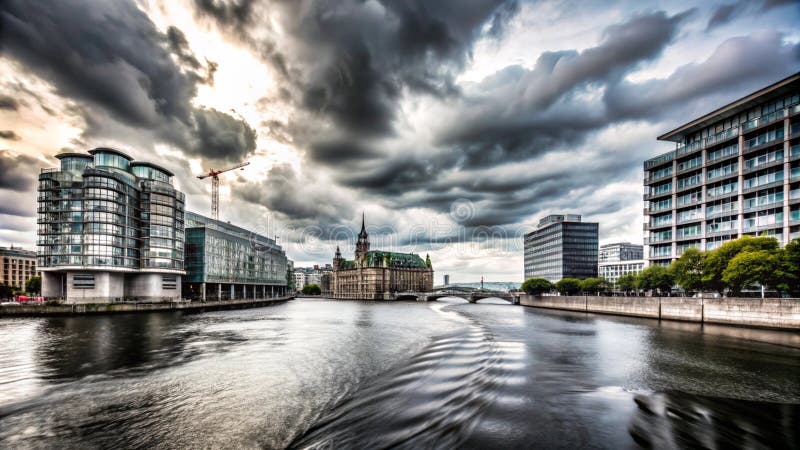 Dramatic Cityscape with River, Modern Buildings, Bridge, and Dramatic ...