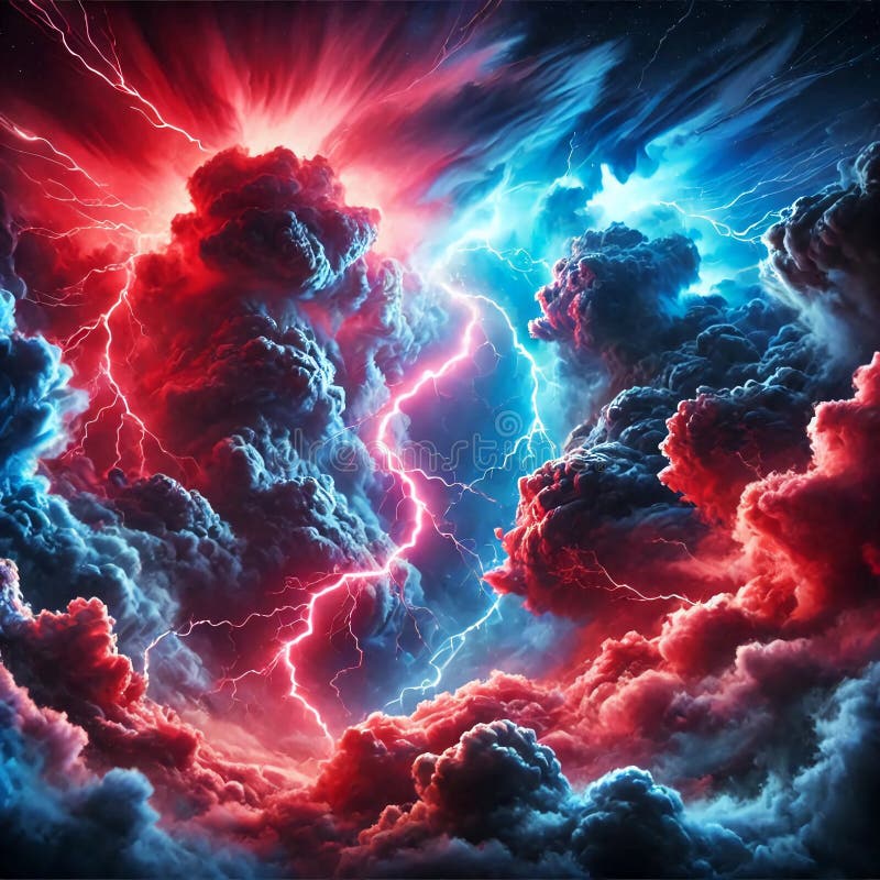 A Dramatic Clash of Blue and Red Lightning in Stormy Clouds Creating a ...