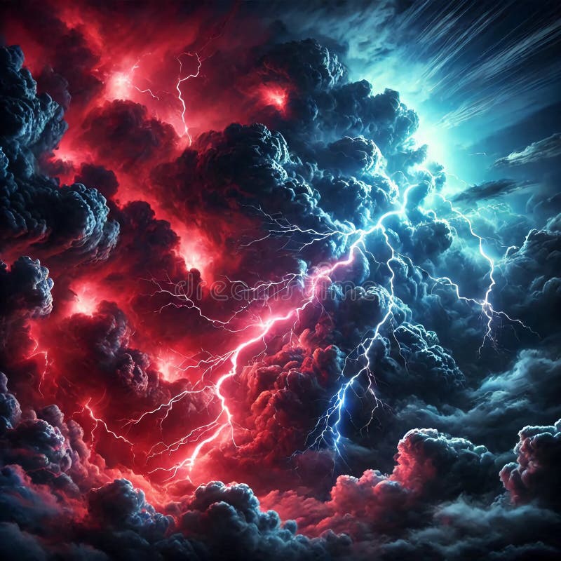 A Dramatic Clash of Blue and Red Lightning in Stormy Clouds Creating a ...