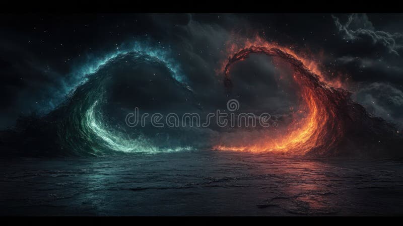 A Dramatic Clash of Elemental Forces Depicted As Waves of Fire and ...