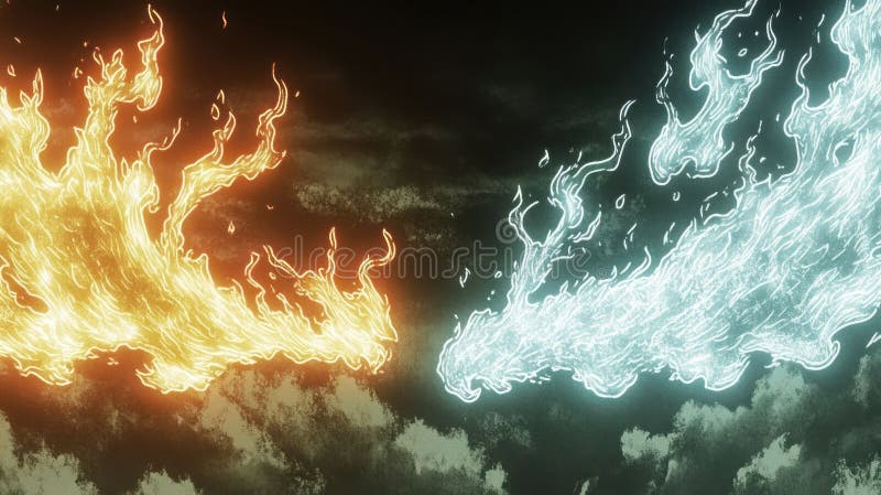 A Dramatic Clash of Fire and Ice Elements Against a Dark, Cloudy ...