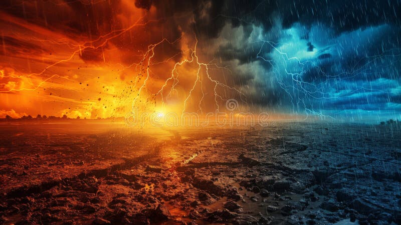Dramatic Clash of Fire and Ice Storm in Barren Landscape Stock Photo ...