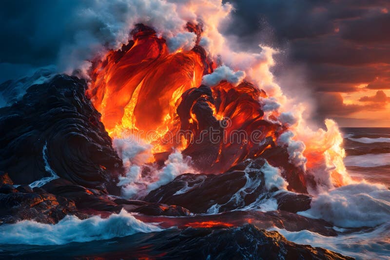 A Dramatic Clash between Molten Magma from a Volcano and the Relentless ...