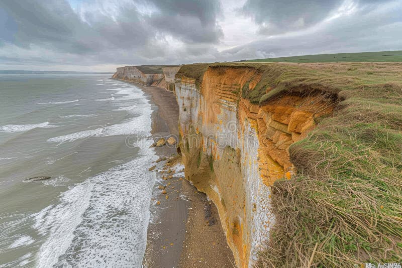 Dramatic Cliff Erosion on a Cloudy Day at the Seaside with Waves ...