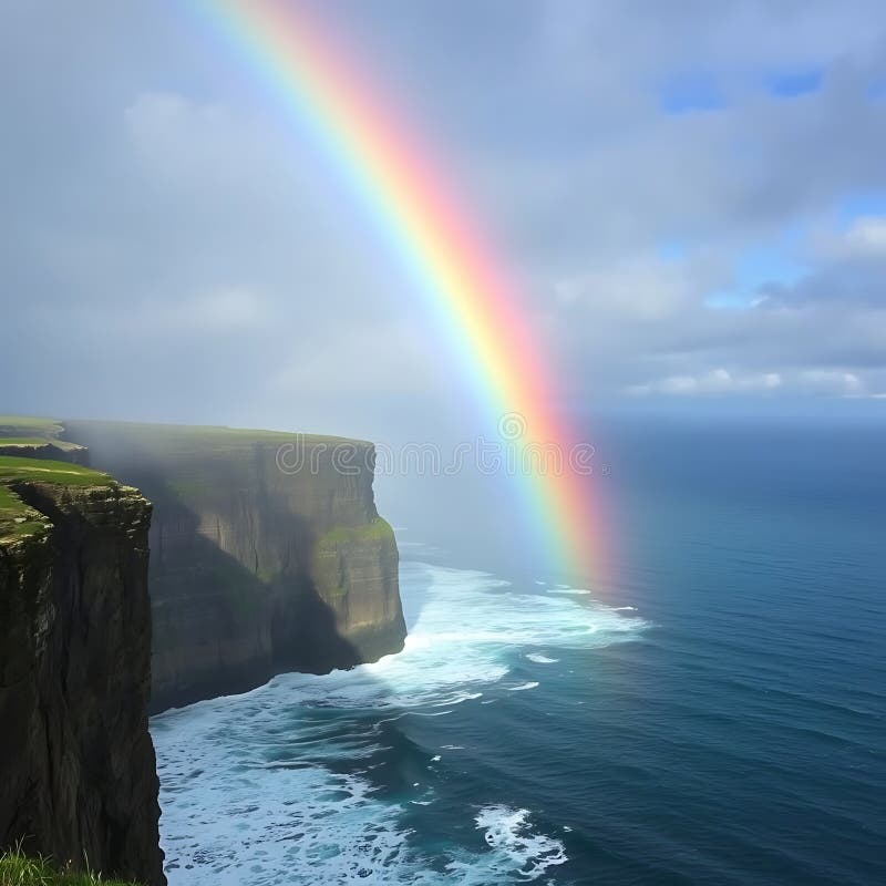 A Dramatic Cliff Overlooking the Ocean with a Vibrant Rainbow Above ...
