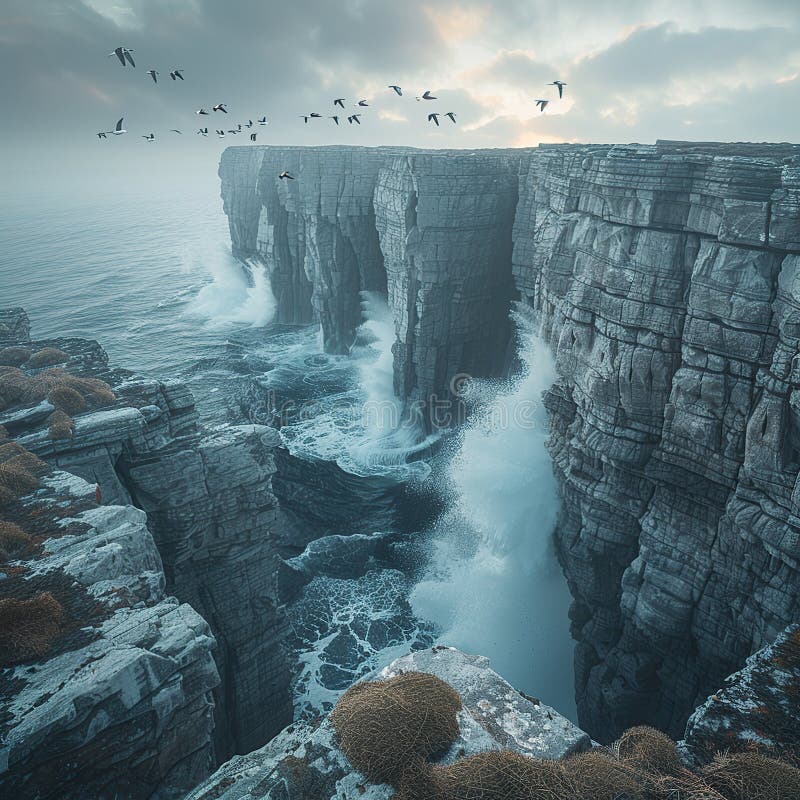 Dramatic Cliffs and Crashing Waves Stock Illustration - Illustration of ...