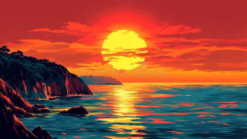 Dramatic Cliffs with Ocean Waves at Sunset in Pixel Art Form Stock ...