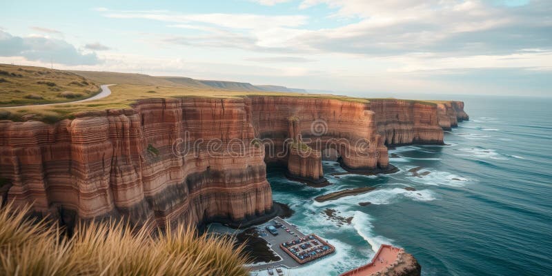 Dramatic Cliffs Overlook a Peaceful Bay with Crashing Waves Stock ...