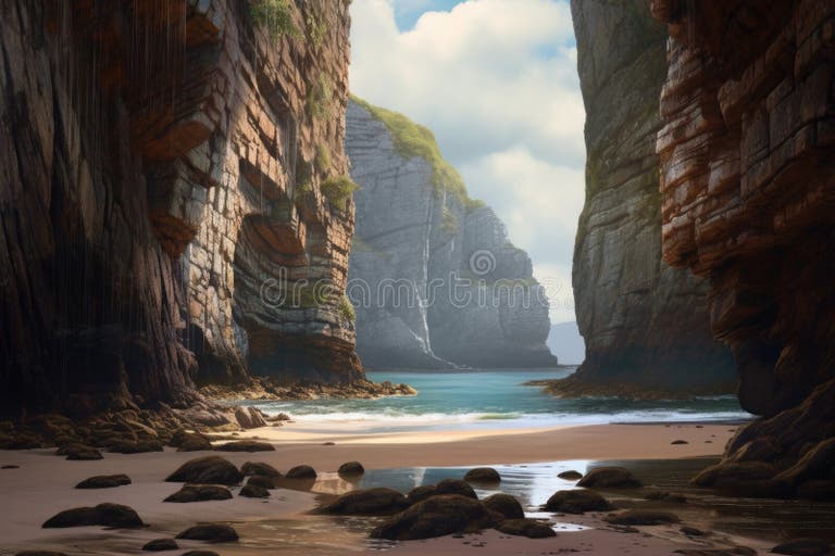 Dramatic Cliffs Overlooking a Hidden Beach Stock Illustration ...