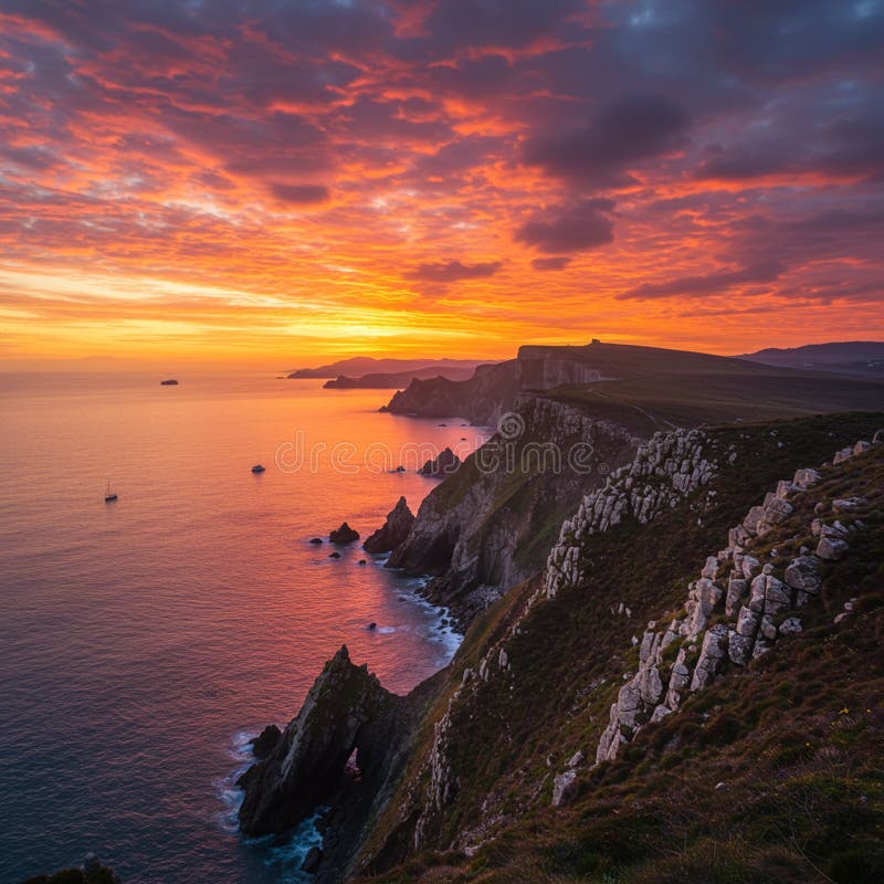 Dramatic Cliffs Stretch Along a Coastal Landscape at Sunset, Featuring ...