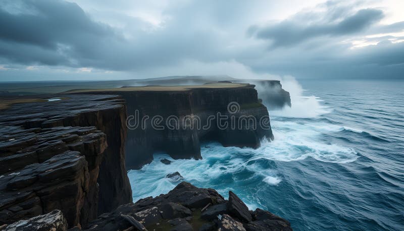 Dramatic Cliffs and Waves in Ireland on a Stormy Day Stock Illustration ...