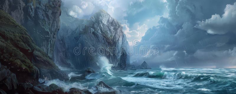 A Dramatic Cliffside Background with Rugged Rocks, Crashing Waves, and ...