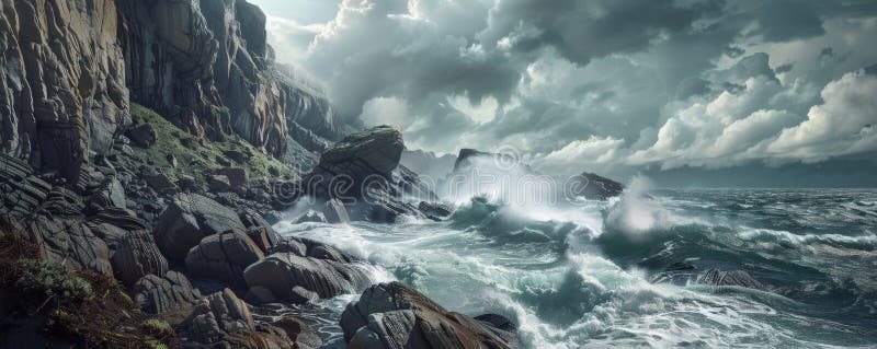 A Dramatic Cliffside Background with Rugged Rocks, Crashing Waves, and ...