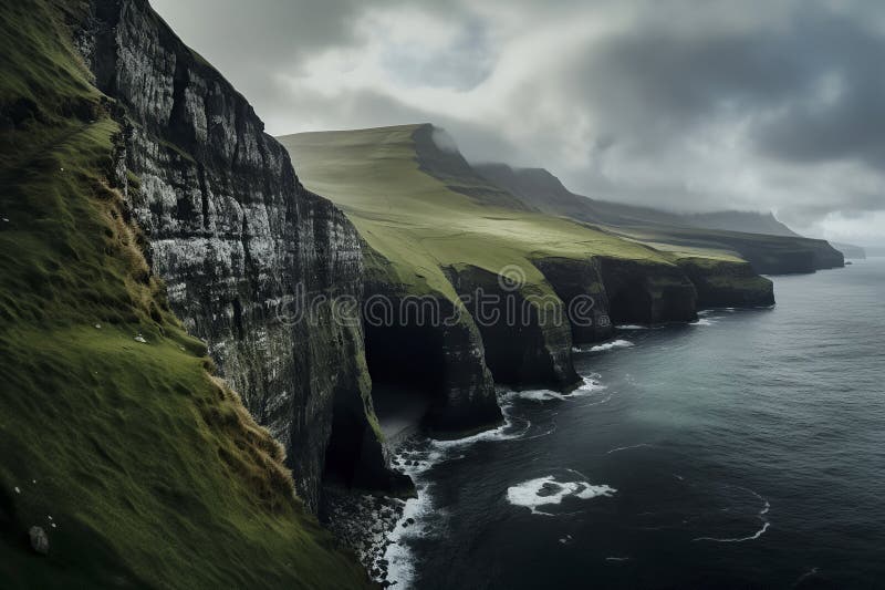 A Dramatic Cliffside Landscape with Green Hills, Jagged Black Cliffs ...