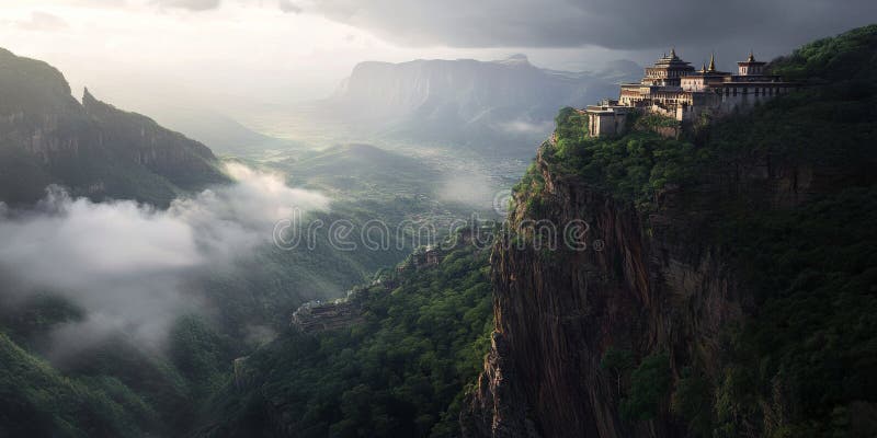 A Dramatic Cliffside Monastery Perched on a High Peak, with Mist ...