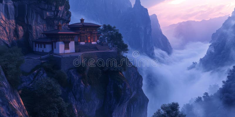 A Dramatic Cliffside Monastery Perched on a High Peak, with Mist ...