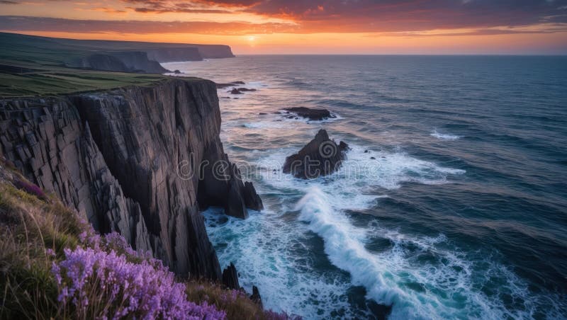 Dramatic Sunset Over Ocean Cliffs and Heather Stock Illustration ...