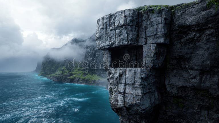Dramatic Cliffside Overlooking Turbulent Ocean Stock Illustration ...