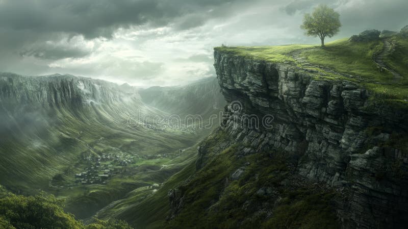 Dramatic Cliffside View with a Lone Tree Overlooking a Vast, Misty ...