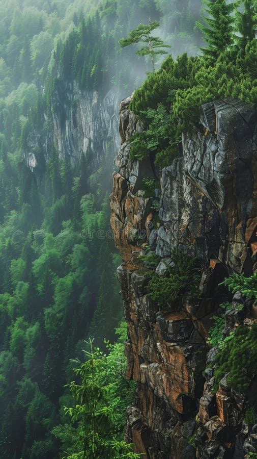 Dramatic Cliffside View in a Lush Forest Stock Image - Image of ...