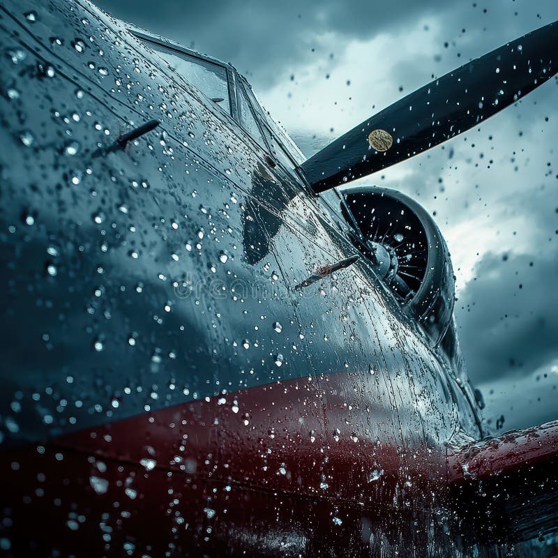 Dramatic Close-Up of Aircraft in Rain with Cloudy Sky Background Stock ...