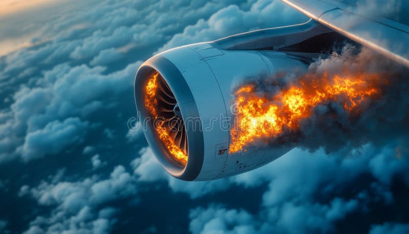 Dramatic Close Up of Airplane Engine in Flames Against a Blue Sky with ...