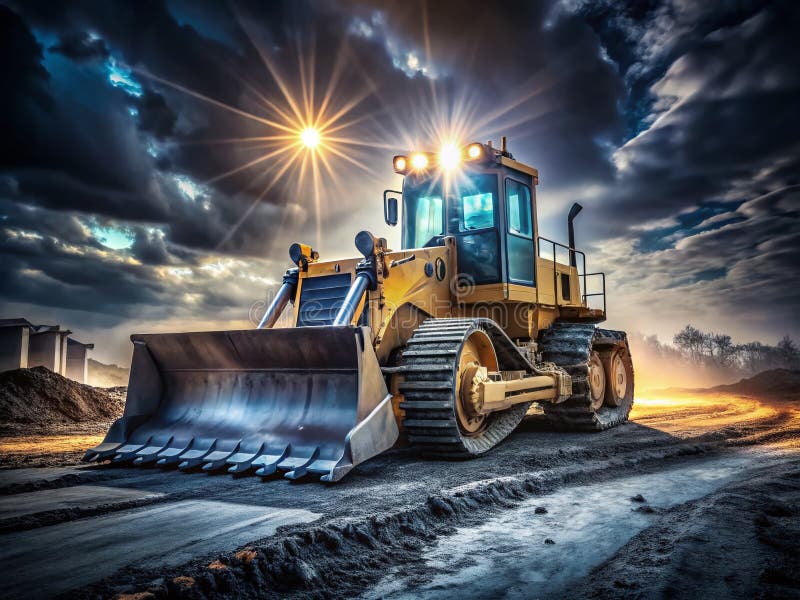 Powerful Bulldozer in LowLight Construction Site at Night Heavy ...